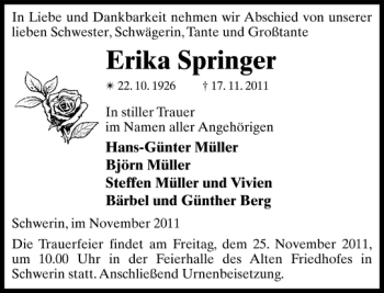 Traueranzeigen von Erika Springer | Trauer Nordkurier