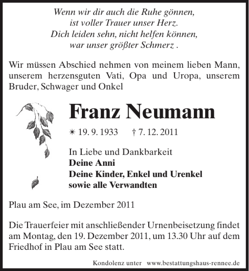 Traueranzeigen von Franz Neumann | Trauer Nordkurier