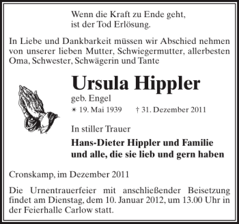Traueranzeigen von Ursula Hippler | Trauer Nordkurier