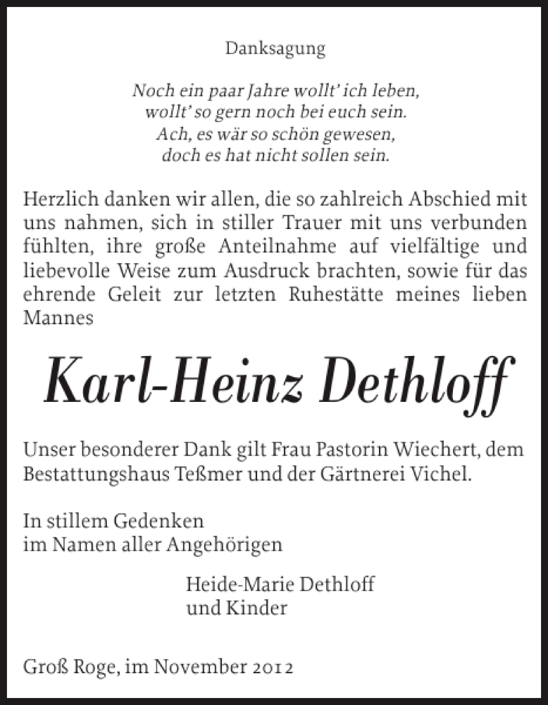 Traueranzeigen von Karl-Heinz Dethloff | Trauer Nordkurier