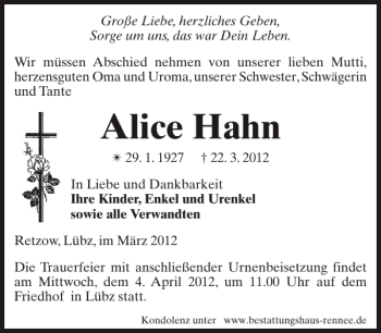 Traueranzeigen von Alice Hahn | Trauer Nordkurier