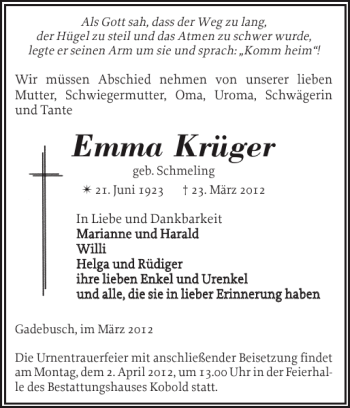 Traueranzeigen von Emma Krüger | Trauer Nordkurier