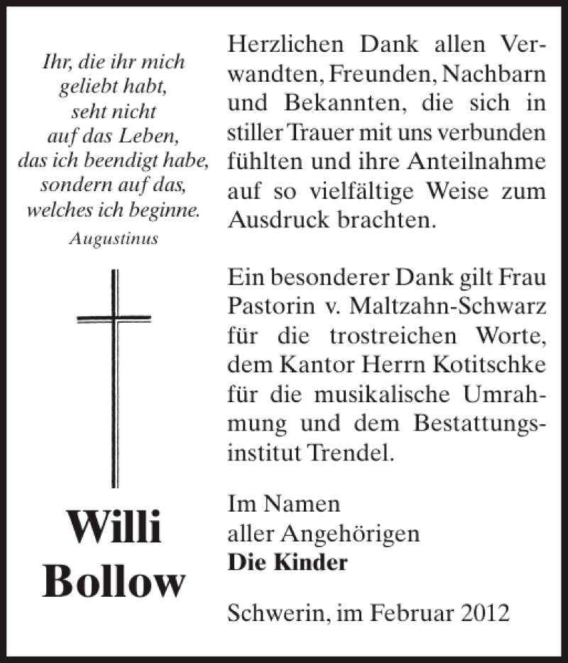 Traueranzeigen von Willi Bollow | Trauer Nordkurier