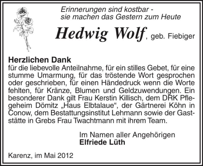 Traueranzeigen von Hedwig Wolf | Trauer Nordkurier