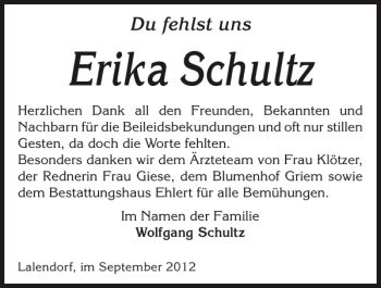 Traueranzeigen von Erika Schultz | Trauer Nordkurier