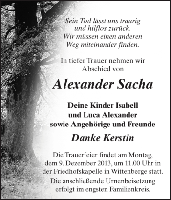Traueranzeigen von Alexander Sacha | Trauer Nordkurier
