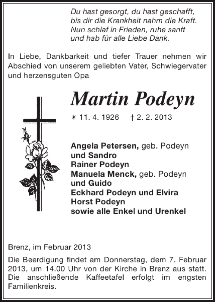 Traueranzeigen von Martin Podeyn | Trauer Nordkurier