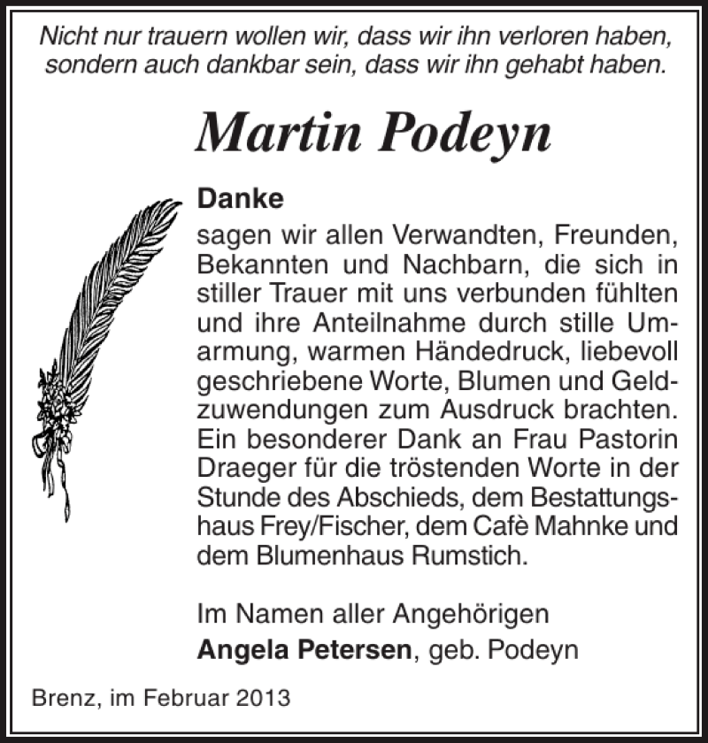 Traueranzeigen von Martin Podeyn | Trauer Nordkurier