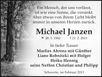 Traueranzeigen von Michael Janzen | Trauer Nordkurier