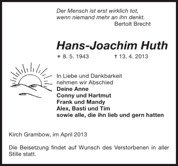 Traueranzeigen von Hans Joachim Huth | Trauer Nordkurier