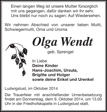 Traueranzeigen von Olga Wendt | Trauer Nordkurier