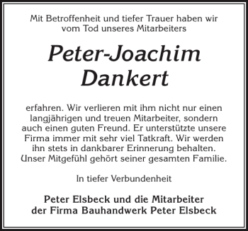 Traueranzeigen von Peter-Joachim Dankert | Trauer Nordkurier