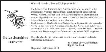Traueranzeigen von Peter-Joachim Dankert | Trauer Nordkurier