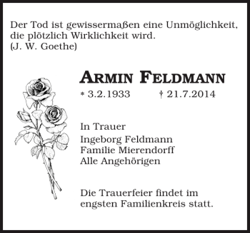 Traueranzeigen von ARMIN FELDMANN | Trauer Nordkurier
