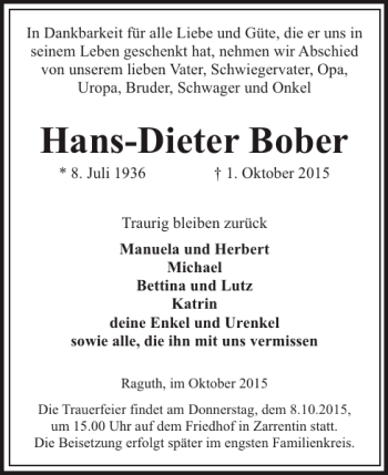 Traueranzeigen von Hans-Dieter Bober | Trauer Nordkurier