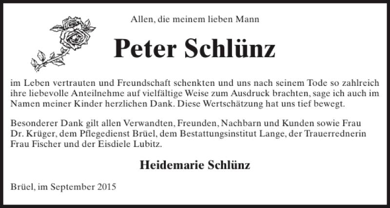 Traueranzeigen von Peter Schlünz | Trauer Nordkurier