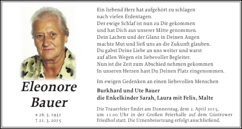 Traueranzeigen von Eleonore Bauer | Trauer Nordkurier