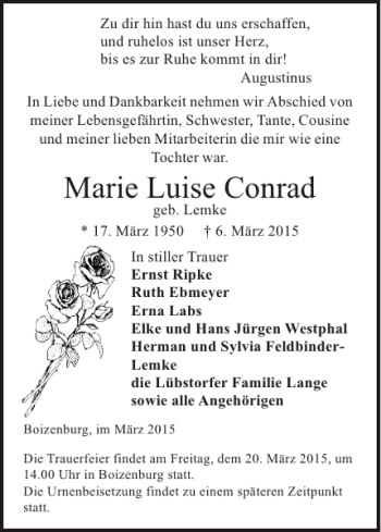 Traueranzeigen von Marie Luise Conrad | Trauer Nordkurier