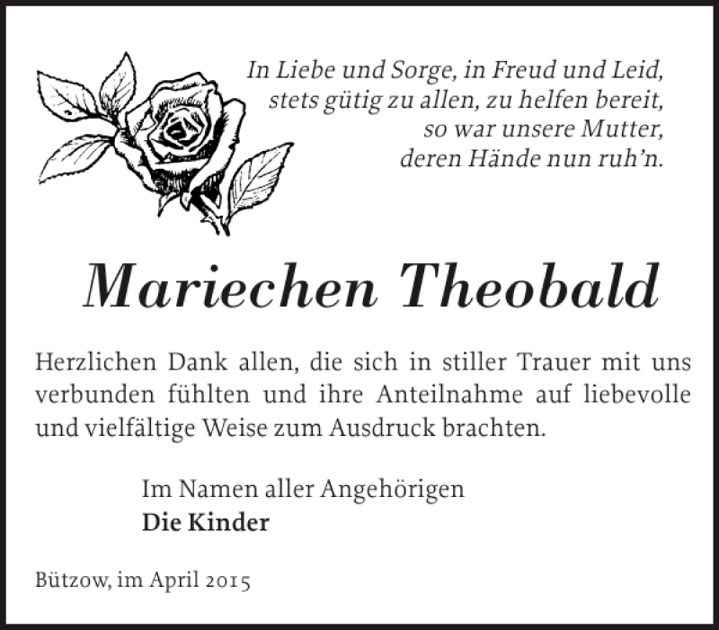 Traueranzeigen von Mariechen Theobald | Trauer Nordkurier