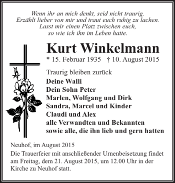 Traueranzeigen von Kurt Winkelmann | Trauer Nordkurier