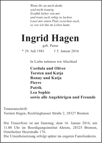 Traueranzeigen von Ingrid Hagen | Trauer Nordkurier