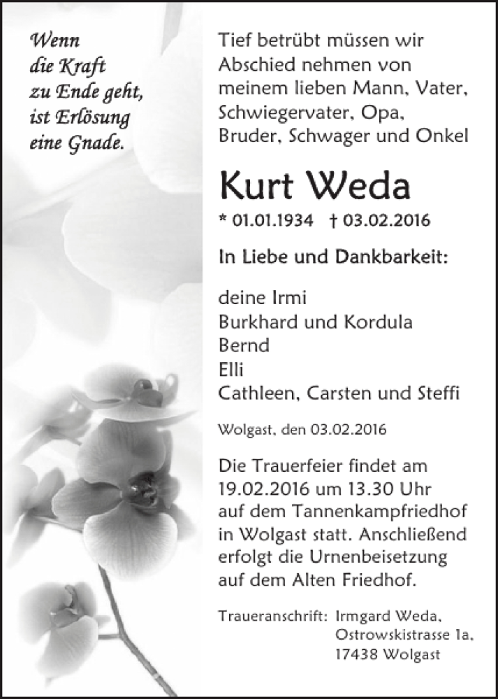 Traueranzeigen von Kurt Weda | Trauer Nordkurier