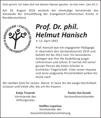 Traueranzeigen von Prof. Dr. phil. Helmut Hanisch | Trauer Nordkurier