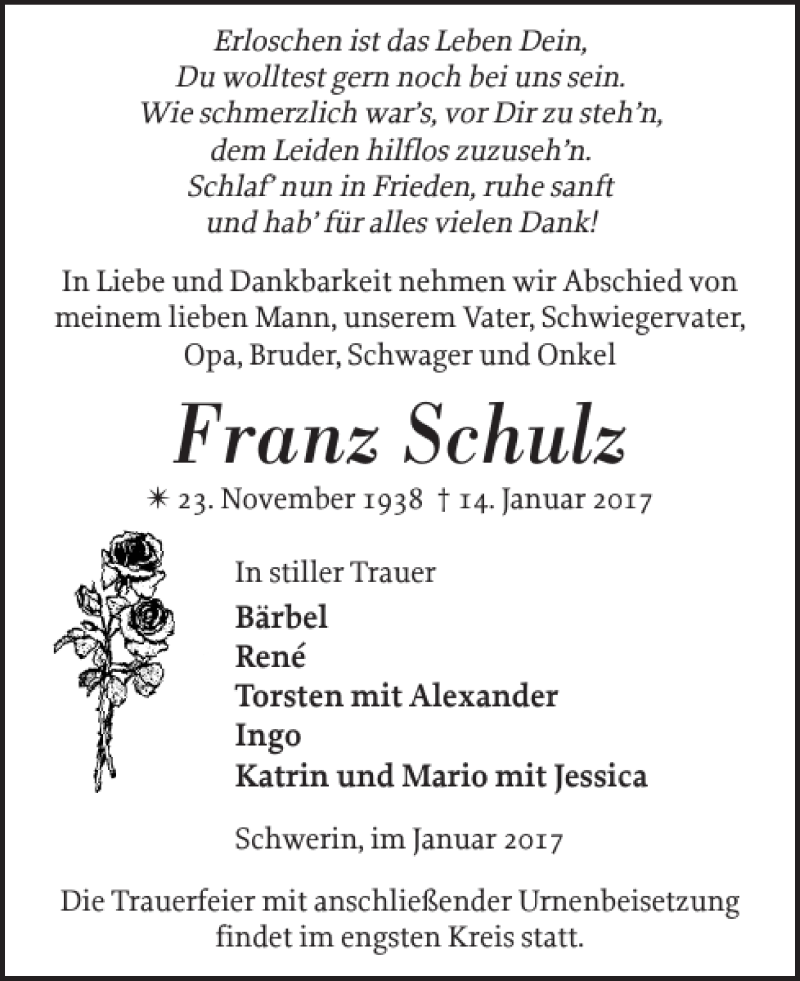 Traueranzeigen von Franz Schulz | Trauer Nordkurier