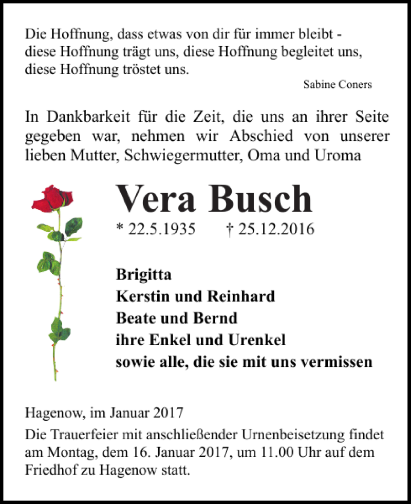 Traueranzeigen von Vera Busch | Trauer Nordkurier