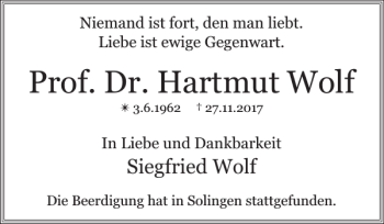 Traueranzeigen von Prof. Dr. Hartmut Wolf | Trauer Nordkurier