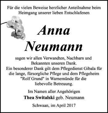 Traueranzeigen von Anna Neumann | Trauer Nordkurier