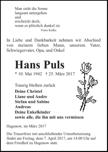 Traueranzeigen von Hans Puls | Trauer Nordkurier