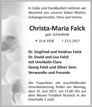 Traueranzeigen von Christa-Maria Falck | Trauer Nordkurier