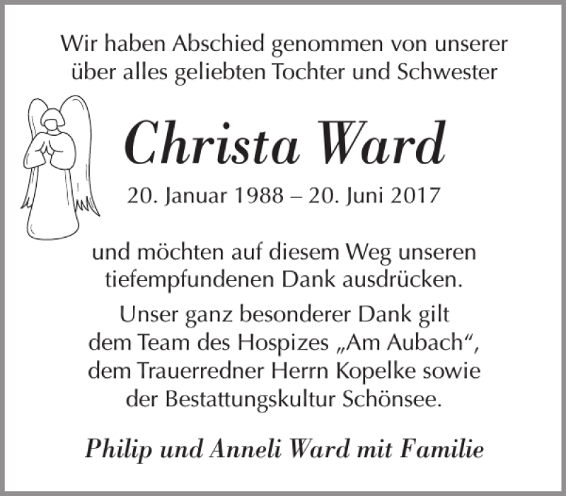 Traueranzeigen von Christa Ward | Trauer Nordkurier