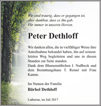 Traueranzeigen von Peter Dethloff | Trauer Nordkurier