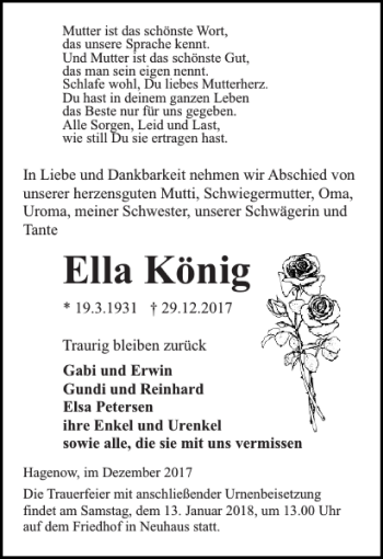 Traueranzeigen von Ella König | Trauer Nordkurier