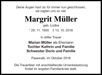 Traueranzeigen von Margrit Müller | Trauer Nordkurier