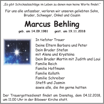 Traueranzeigen von Marcus Behling | Trauer Nordkurier