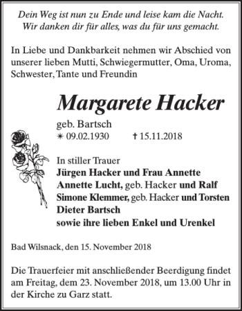 Traueranzeigen von Margarete Hacker | Trauer Nordkurier