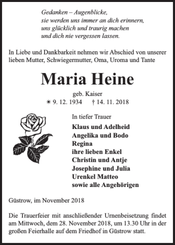 Traueranzeigen von Maria Heine | Trauer Nordkurier