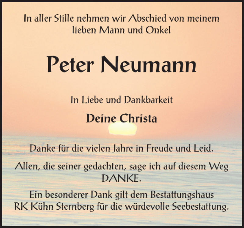 Traueranzeigen von Peter Neumann | Trauer Nordkurier