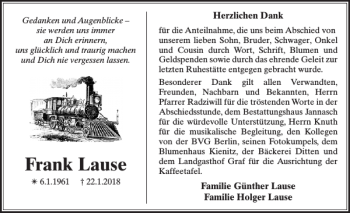 Traueranzeigen von Frank Lause | Trauer Nordkurier