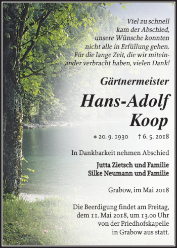 Traueranzeigen von Hans-Adolf Koop | Trauer Nordkurier