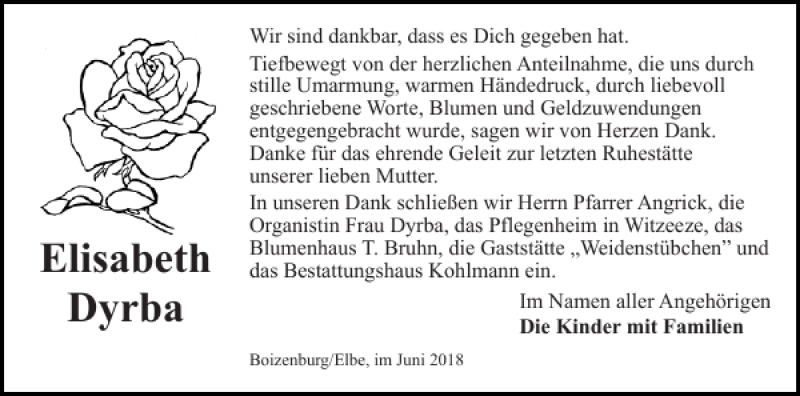 Traueranzeigen von Elisabeth Dyrba | Trauer Nordkurier