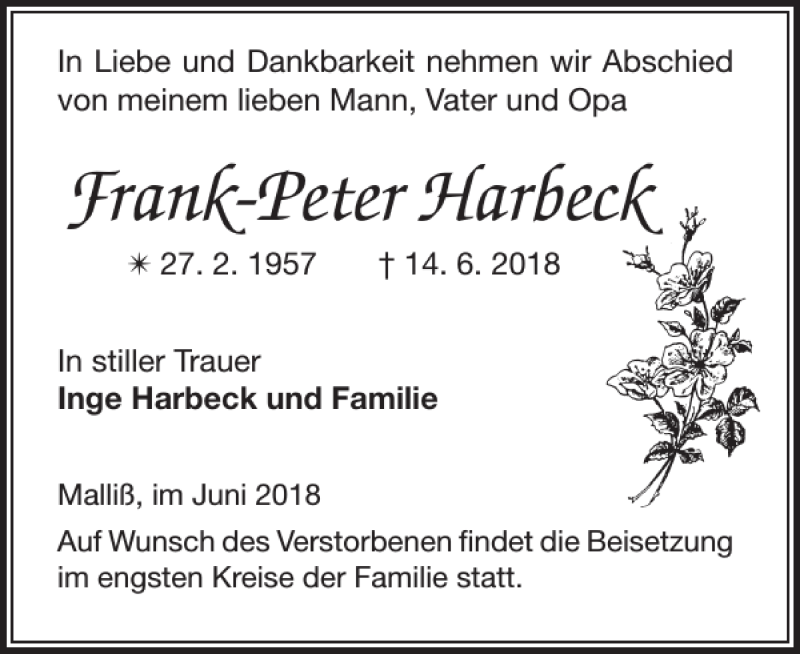 Traueranzeigen von Frank-Peter Harbeck | Trauer Nordkurier