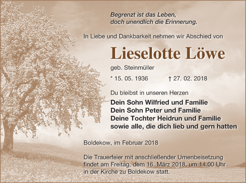 Traueranzeigen von Lieselotte Löwe | Trauer Nordkurier