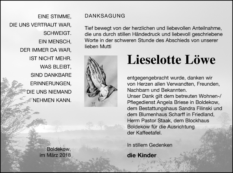 Traueranzeigen von Lieselotte Löwe | Trauer Nordkurier