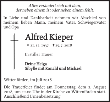 Traueranzeigen von Alfred Kieper | Trauer Nordkurier