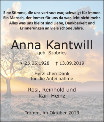 Traueranzeigen von Anna Kantwill | Trauer Nordkurier