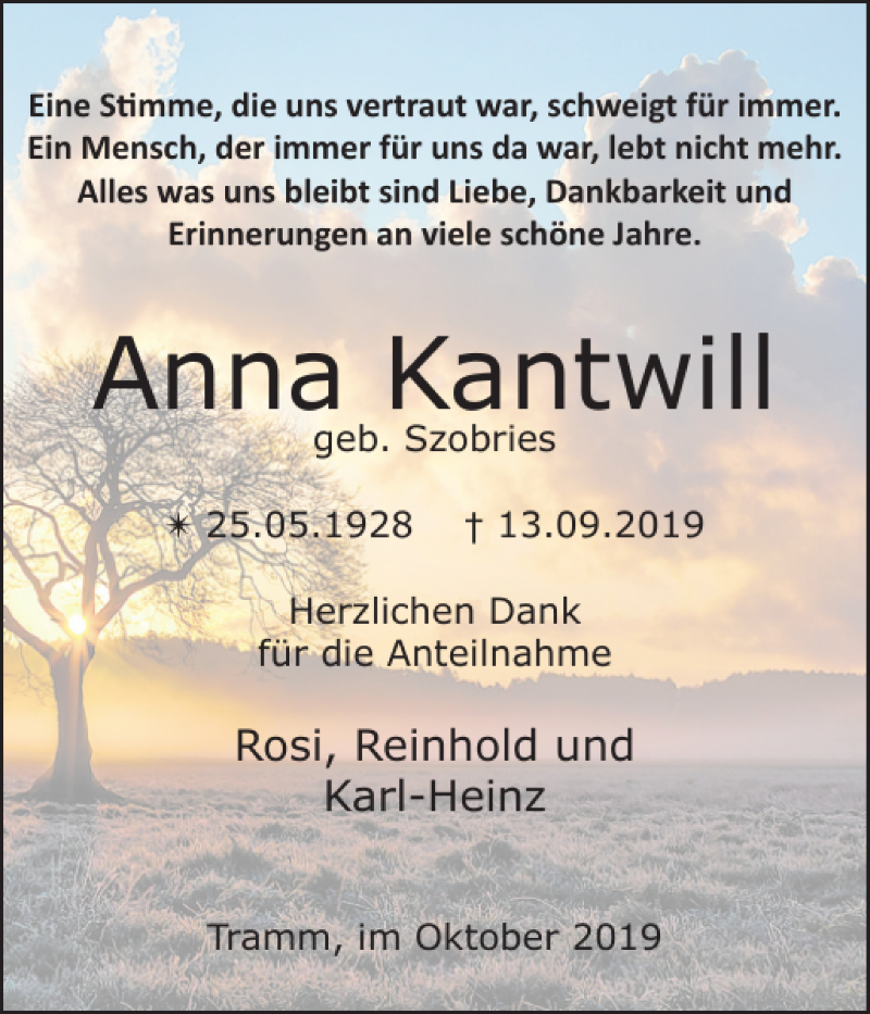 Traueranzeigen von Anna Kantwill | Trauer Nordkurier